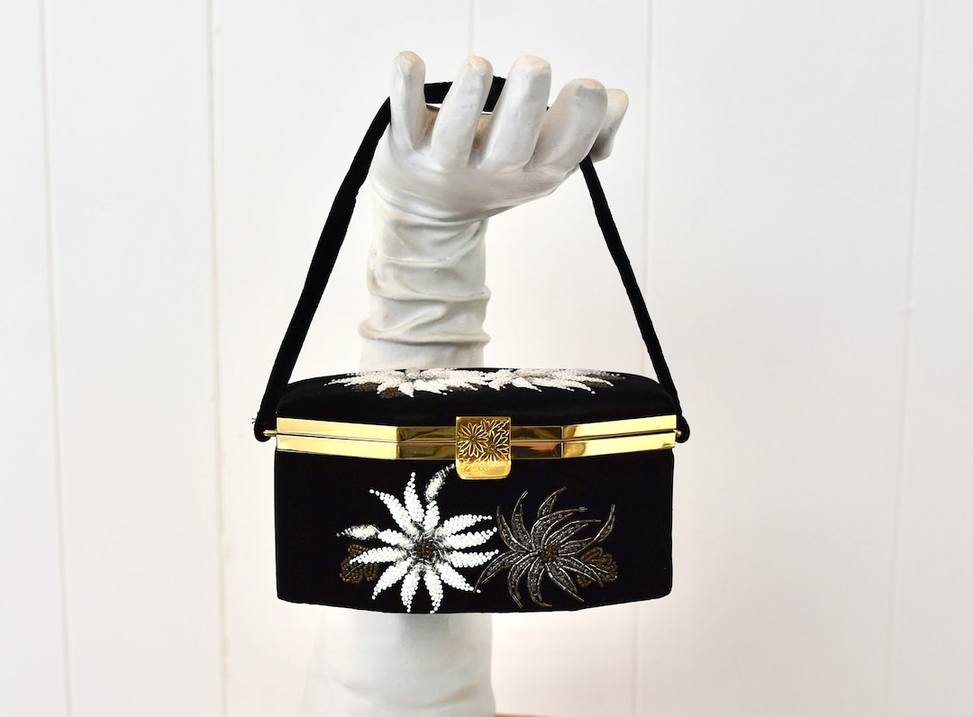 1950s Floral Beaded Black Velvet Small Mini Box Purse Handbag - Etsy