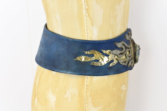 1970s Blue Leather & Stone Statement Belt - Gem