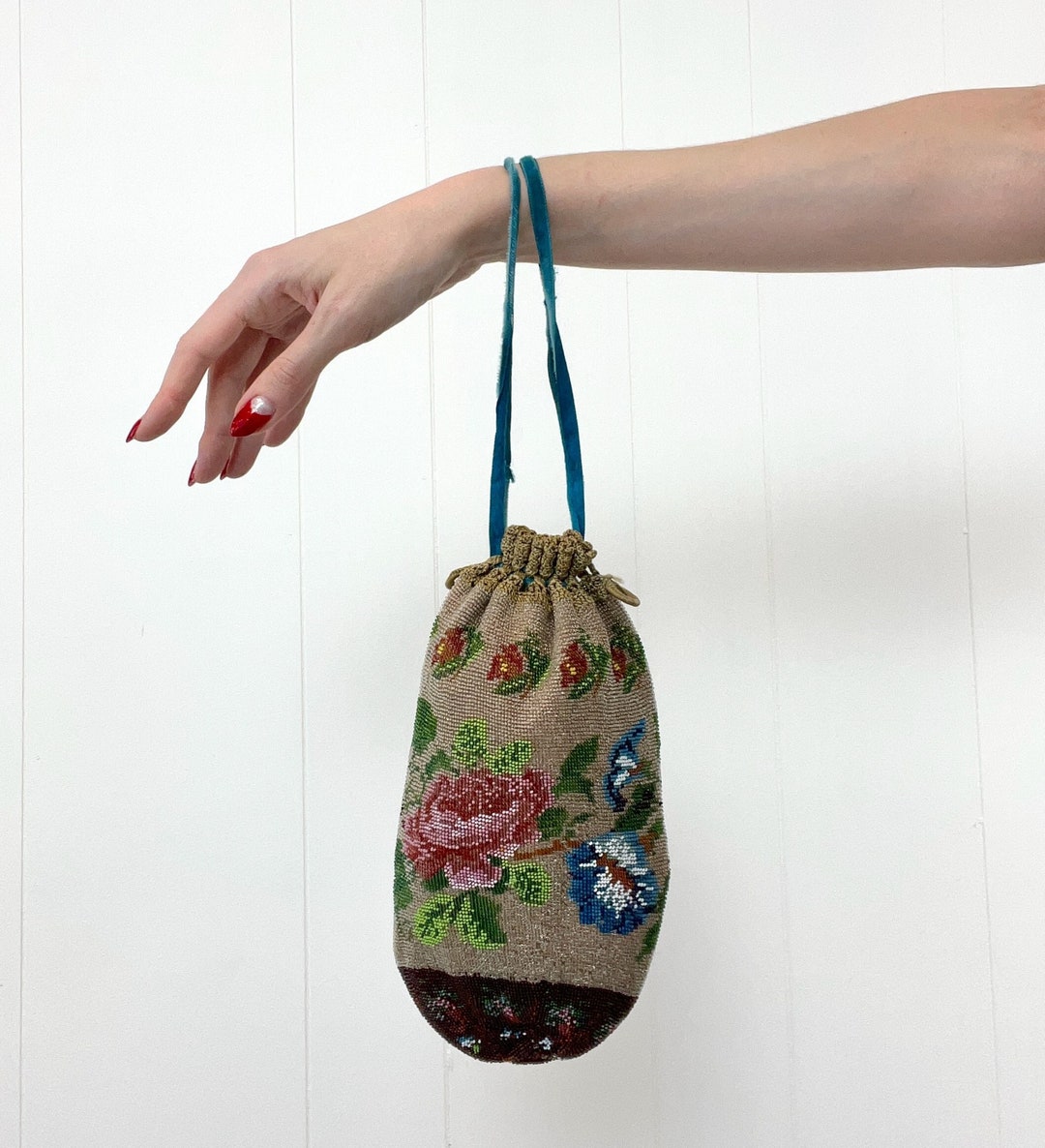Antique 1910s/1920s Edwardian Floral Rose Beaded Drawstring Flapper ...