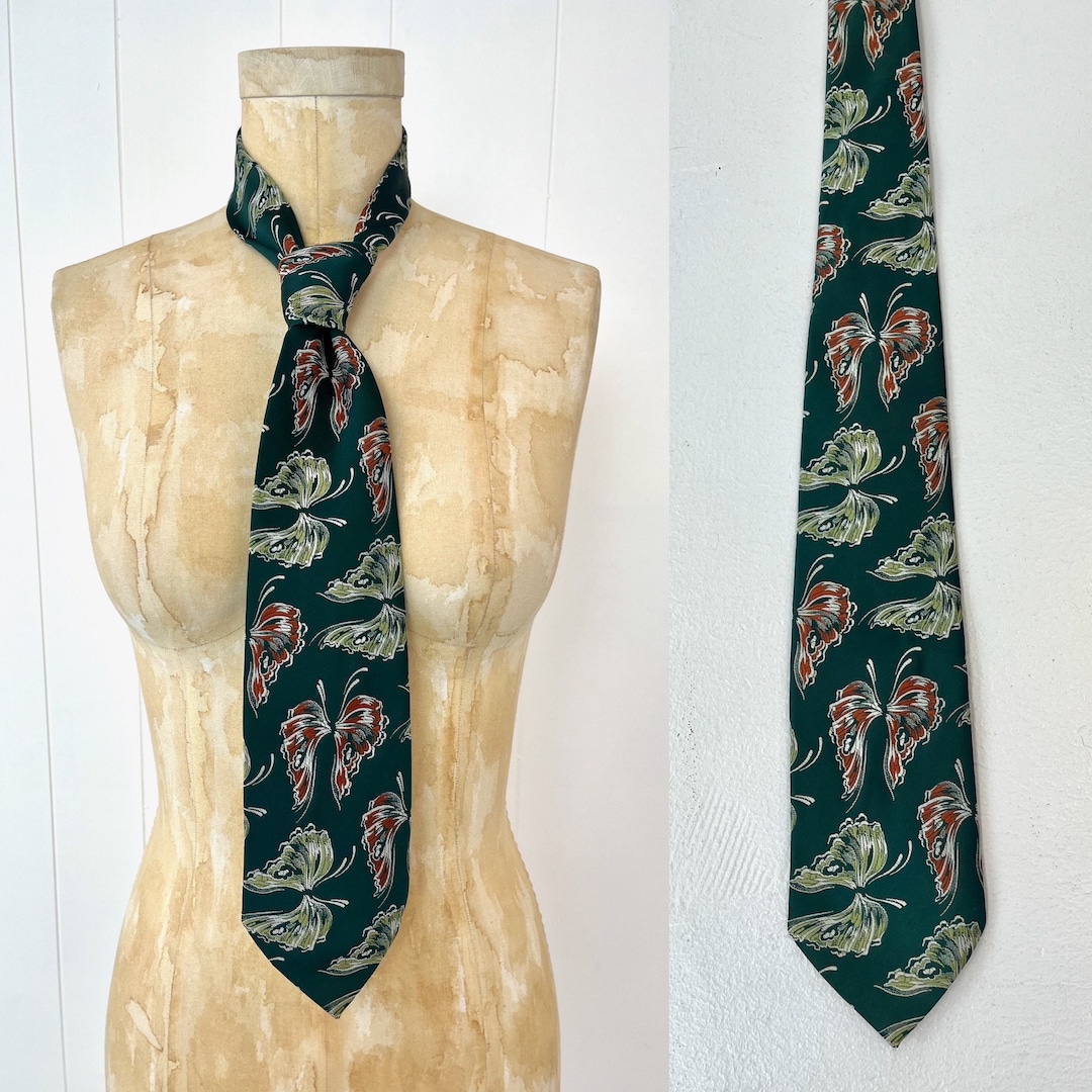 1960s/1970s Butterfly Bug Novelty Print Green Orange Vani-ties Tie ...