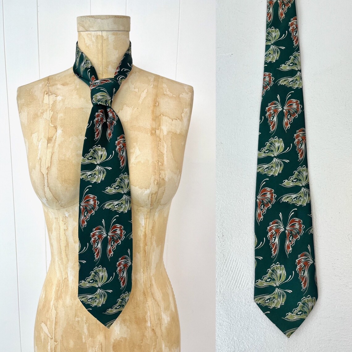 1960s/1970s Butterfly Bug Novelty Print Green Orange Vani-ties Tie ...