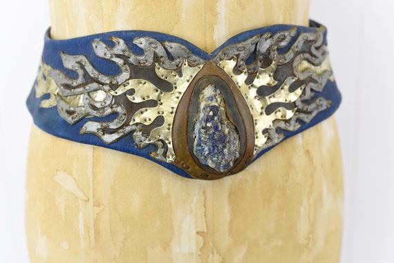 1970s Blue Leather & Stone Statement Belt - Gem