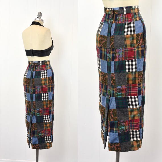 1990s Patchwork Plaid Floral Paisley Pencil Pinecove … - Gem