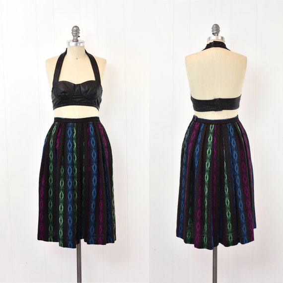 1960s Colorful Striped Pantino Black Pleated Wool Mid… - Gem