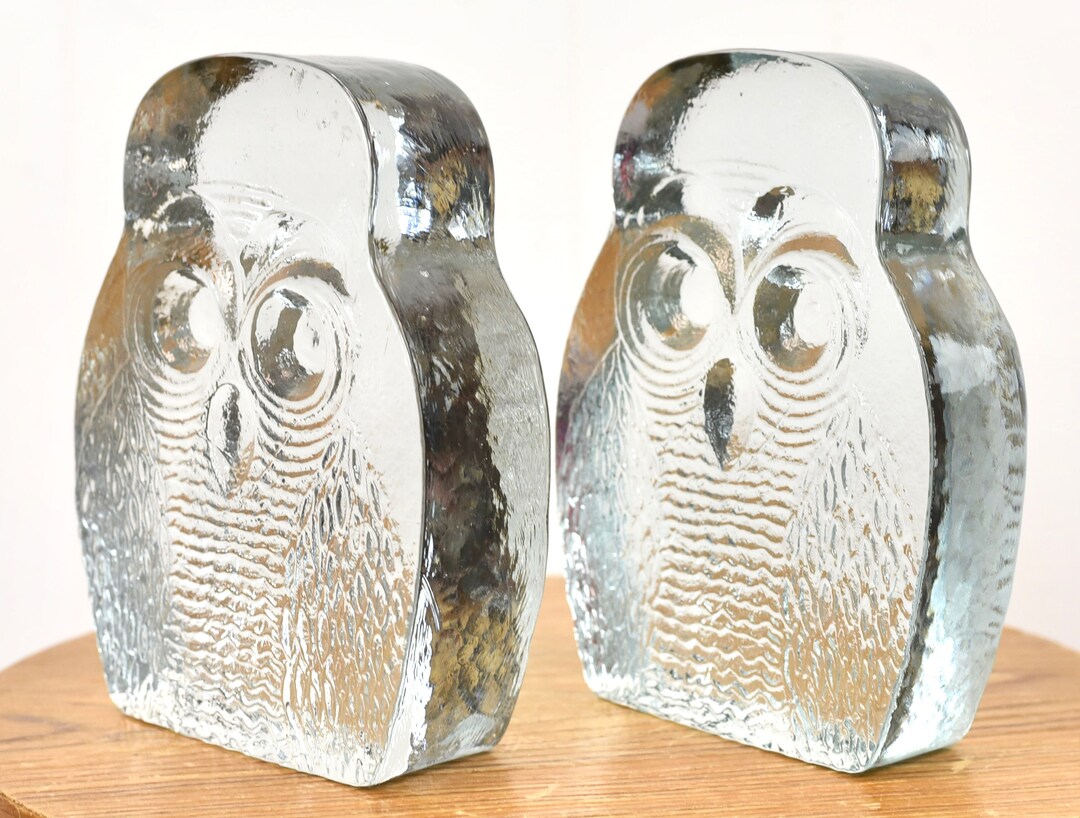 1960s Owl Bird Blenko Mid Century Modern Clear Thick Glass Carved Pair ...
