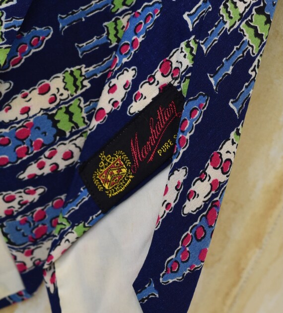 1940s/1950s Blue Novelty Print Tree Manhattan Silk Mi… - Gem