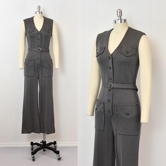 1970s Gray Wool Kimberly Flare Bell Bottom One Piece … - Gem