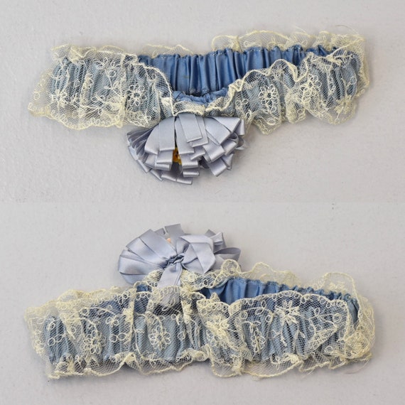 1940s/1950s Lace Blue Floral Garter Gloves Gauntlets … - Gem