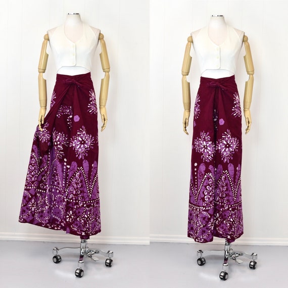 1970s Maroon Purple Batik Cotton Wrap Palazzo Pants - Gem