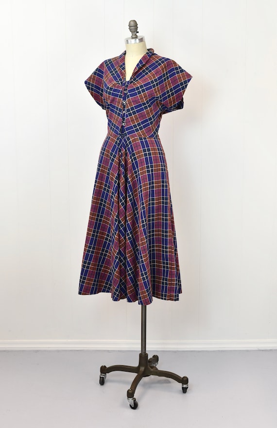 1940s Plaid Purple Blue Cotton Pinup Day Dress - Gem