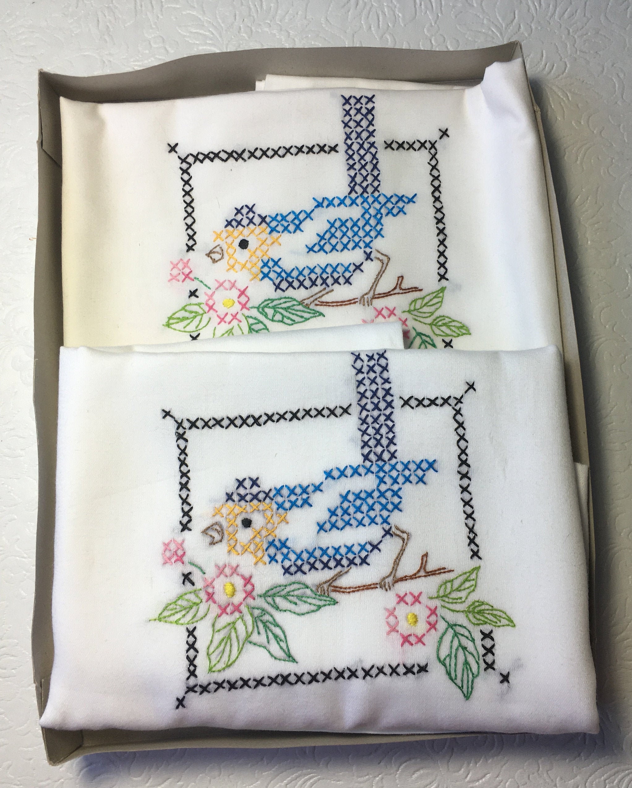 New Hand Embroidered Blue Bird in Frame Standard Pillowcase - Etsy