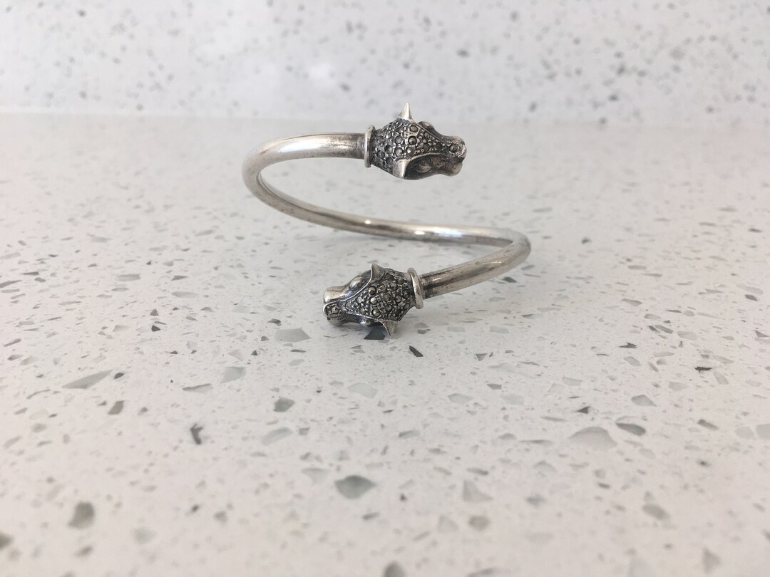 Vintage Hallow Sterling Silver Double Headed Panther Marcasite Bracelet ...