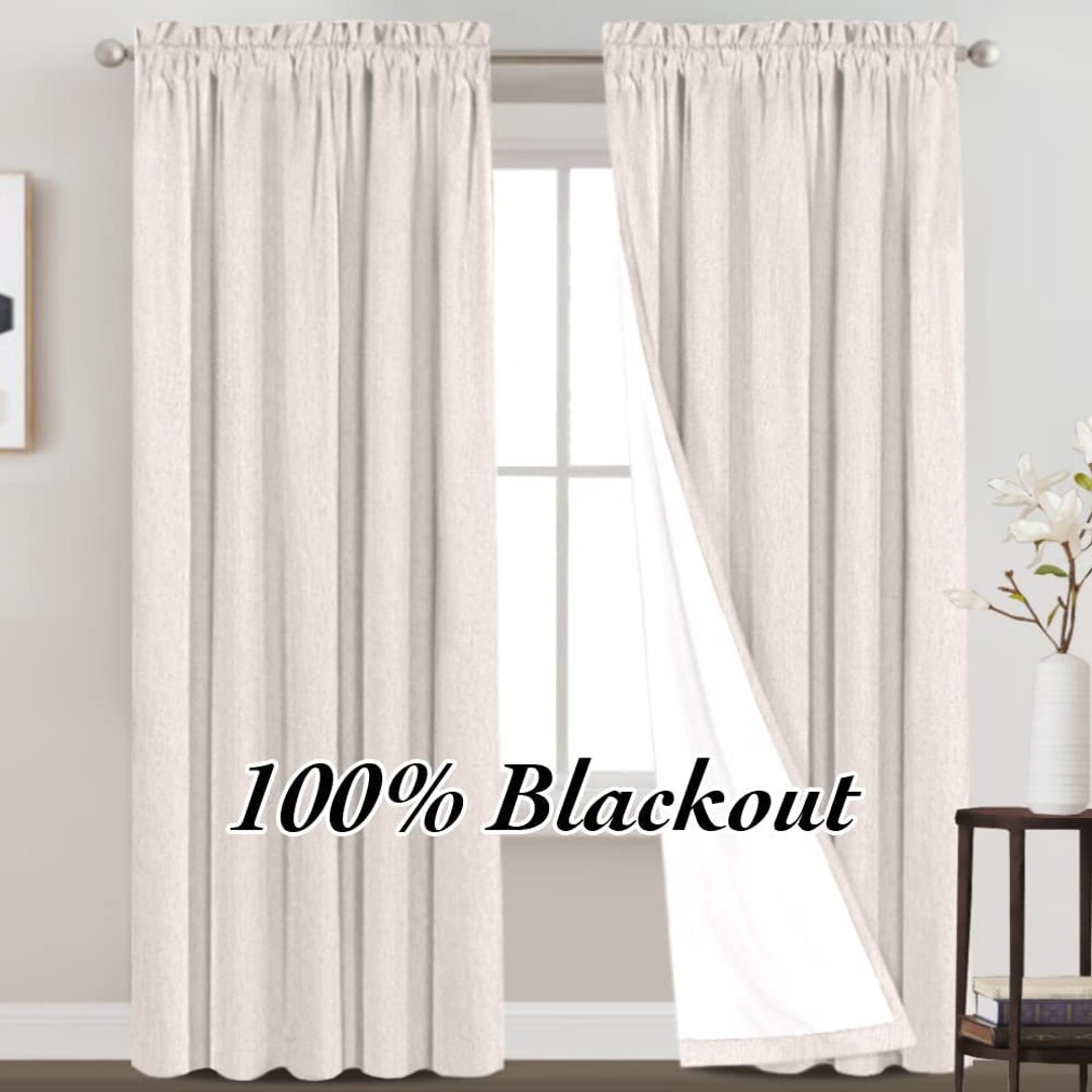Prince Deco Ivory Linen Textured Blackout Curtains With White Liner Rod ...