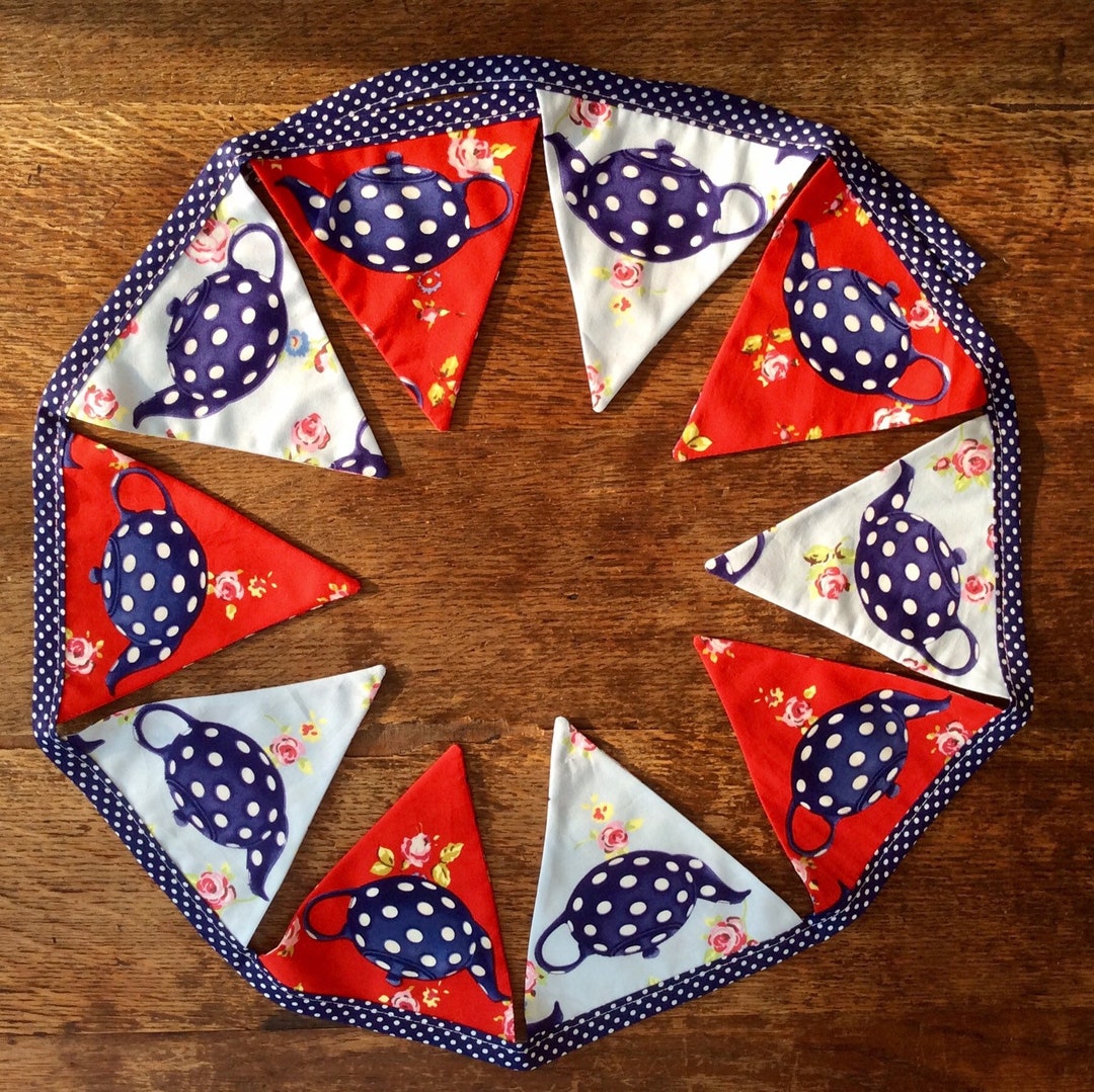 Vintage Teapot Bunting: Red & Blue Floral Fabric Party Garland - Etsy