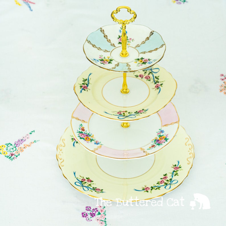 Pastel Pink-blue-yellow Tier Stand Ribbons and Roses - Etsy
