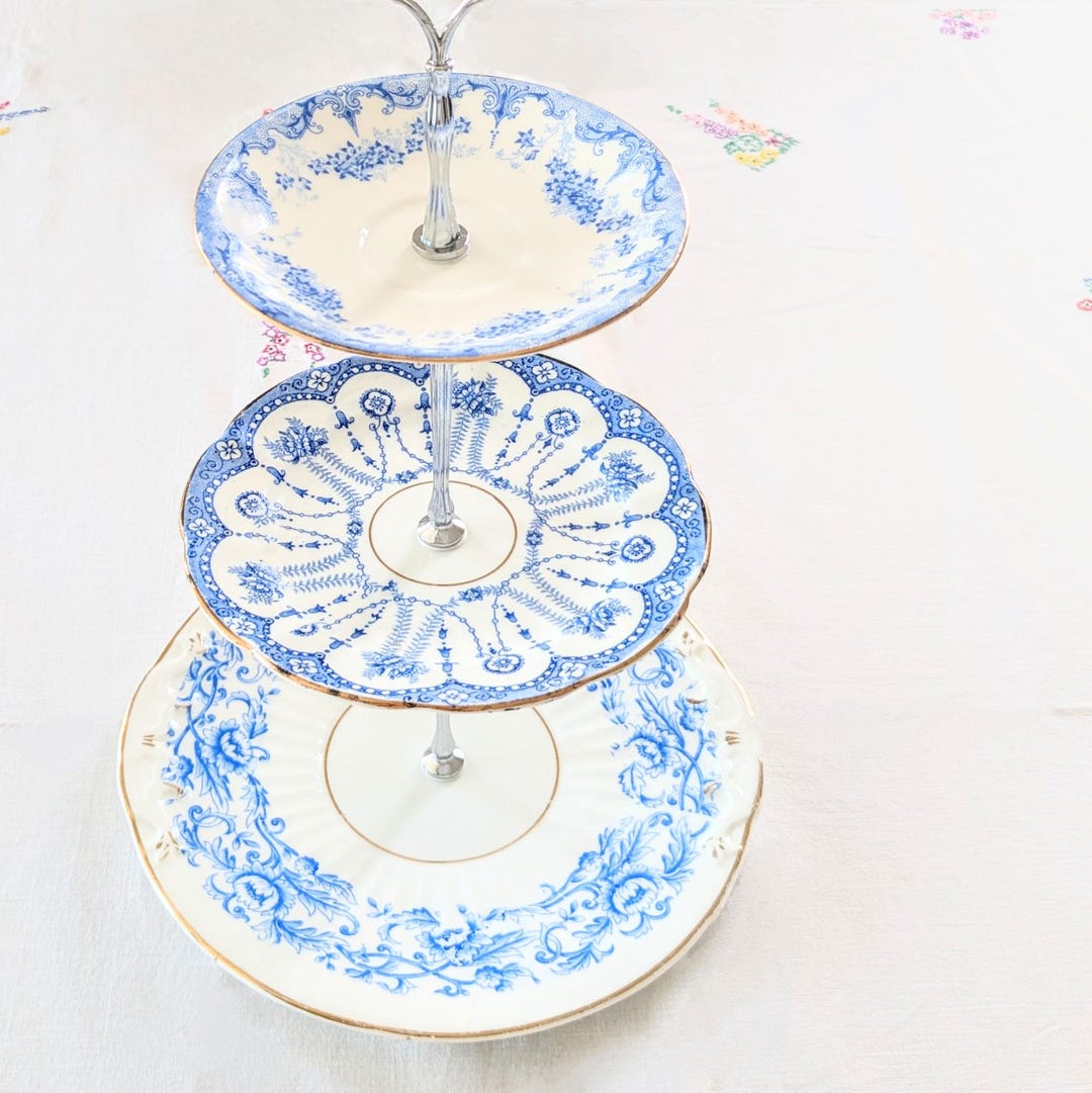 Upcycled Blue & White China Tiered Cake Stand: Vintage Afternoon Tea - Etsy