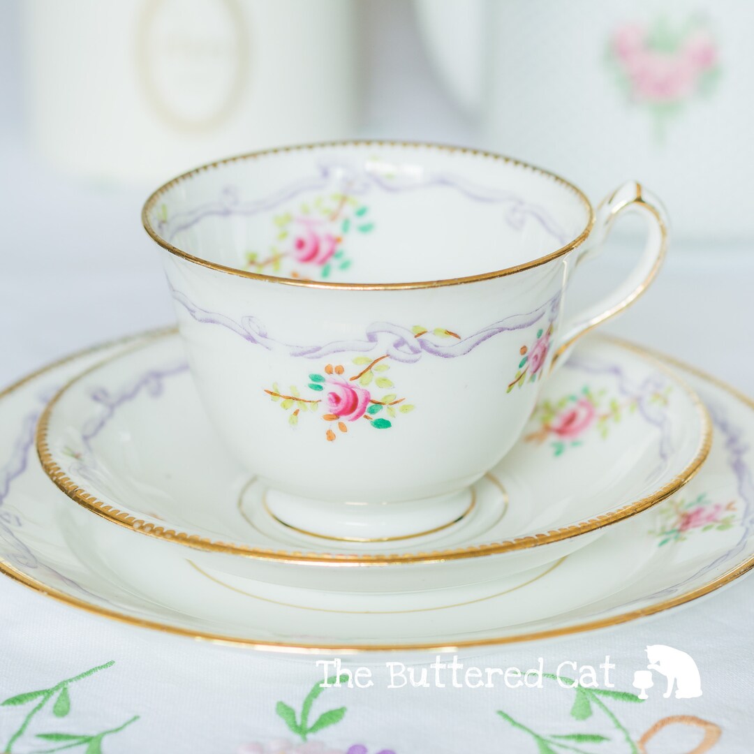 Antique Court China English Tea Trio, Hand-decorated Ribbons and Roses ...
