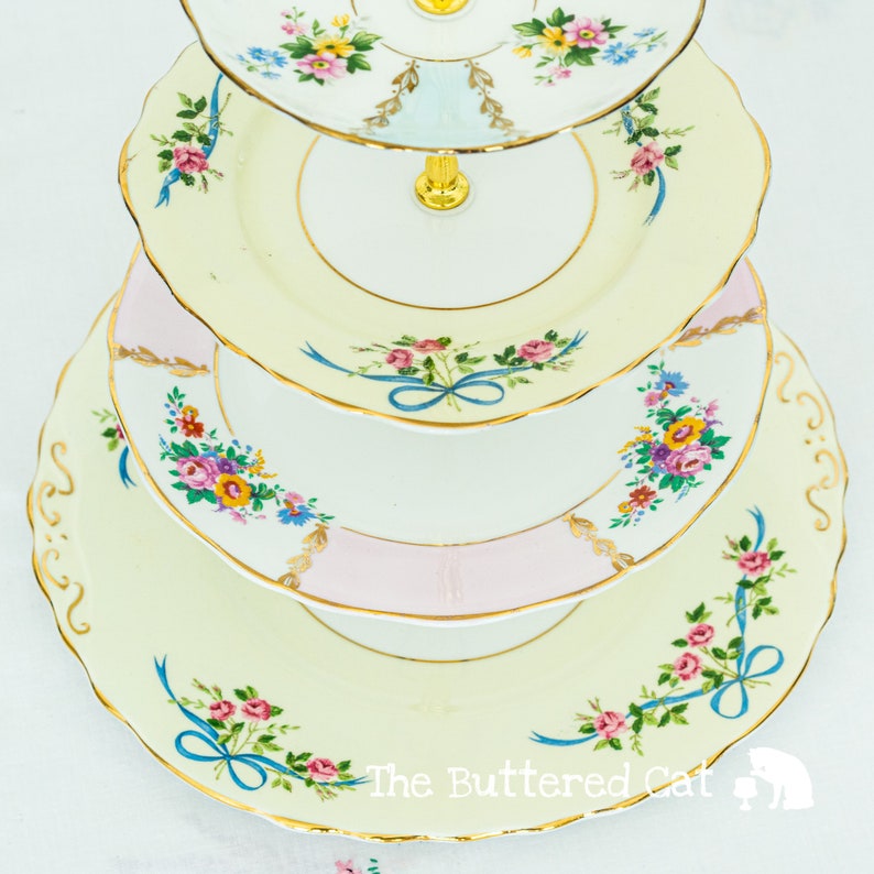Pastel Pink-blue-yellow Tier Stand Ribbons and Roses - Etsy