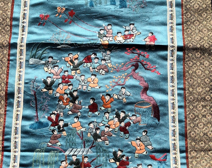 Embroidered Silk Panel: Chinese Children Playing, Lakeside Scene - Etsy