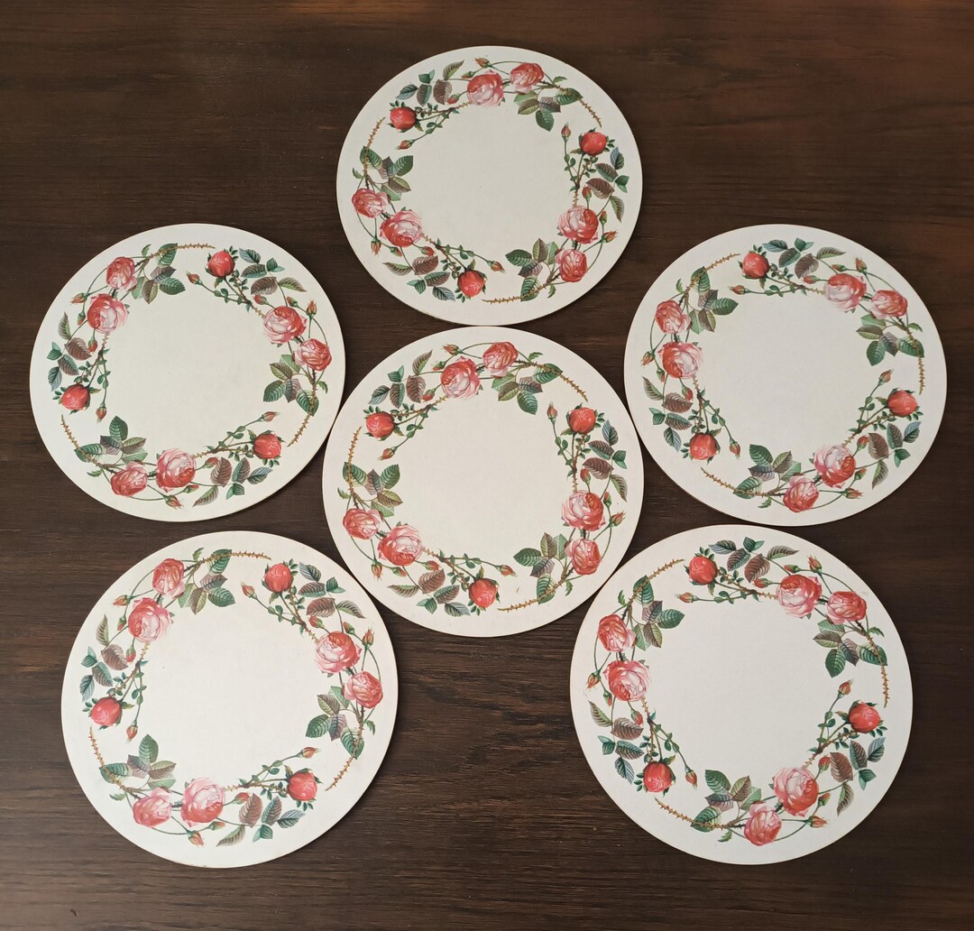 Set of Six Round Table Mats Pink Roses Melamine Place Mats Felt Backed ...