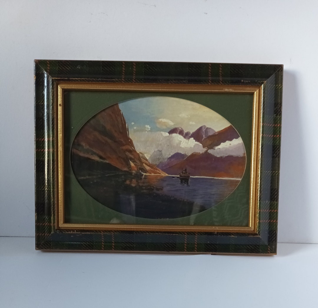 Original Vintage Painting Scotland Scottish Lake Scene Plaid Tartan ...