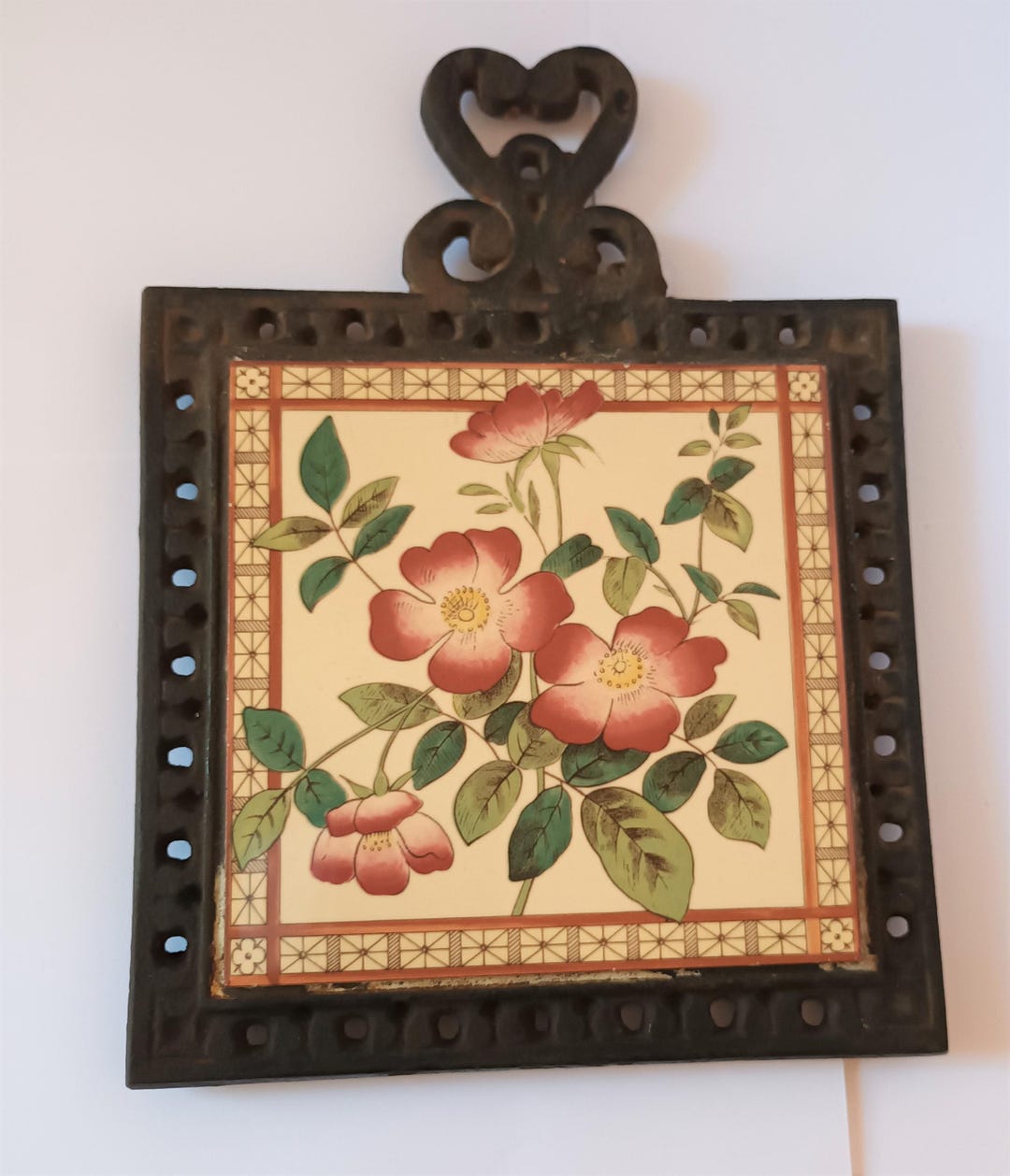 Victorian Style Tile Trivet Pot Stand Wild Roses Cast Iron Surround 10 ...
