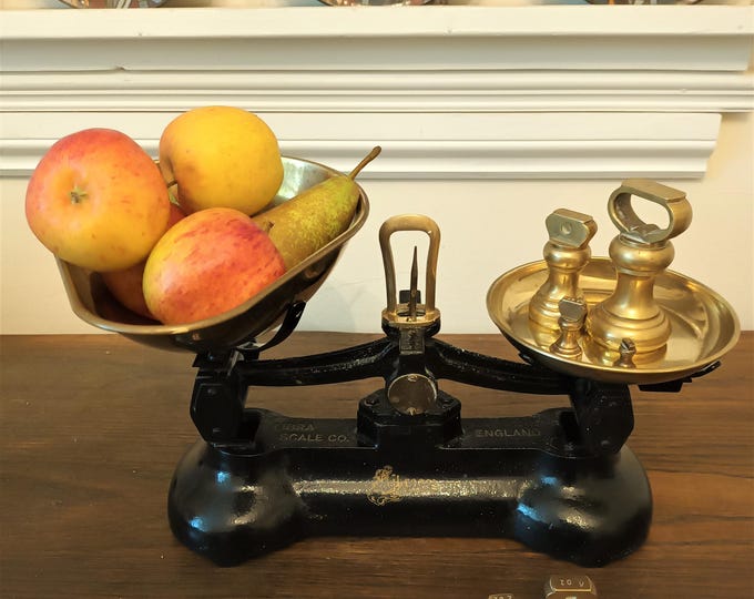 Vintage Libra Large Scales With Brass Pans and 4 Brass Weights, Kitchen ...