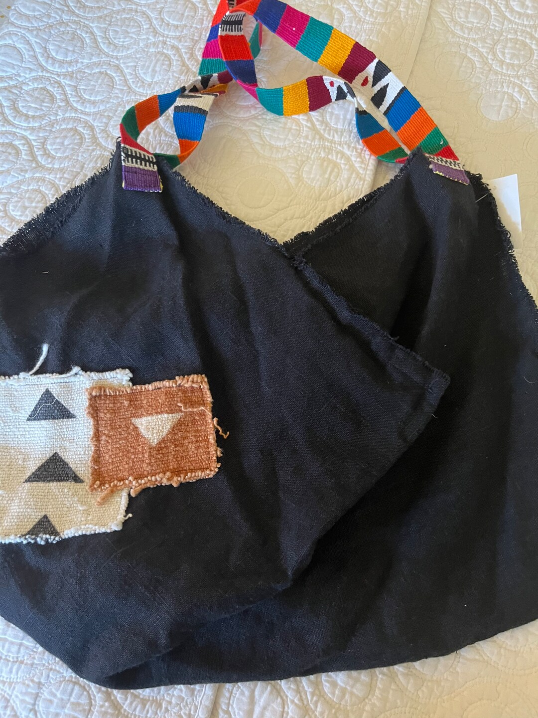 Black Linen Four Corner Market Bag With Multi Color Straps. Embellished ...