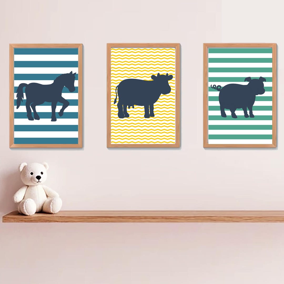 3 Farm Animal Posters for Children, Striped, Pig, Cow, Horse, Boy's ...