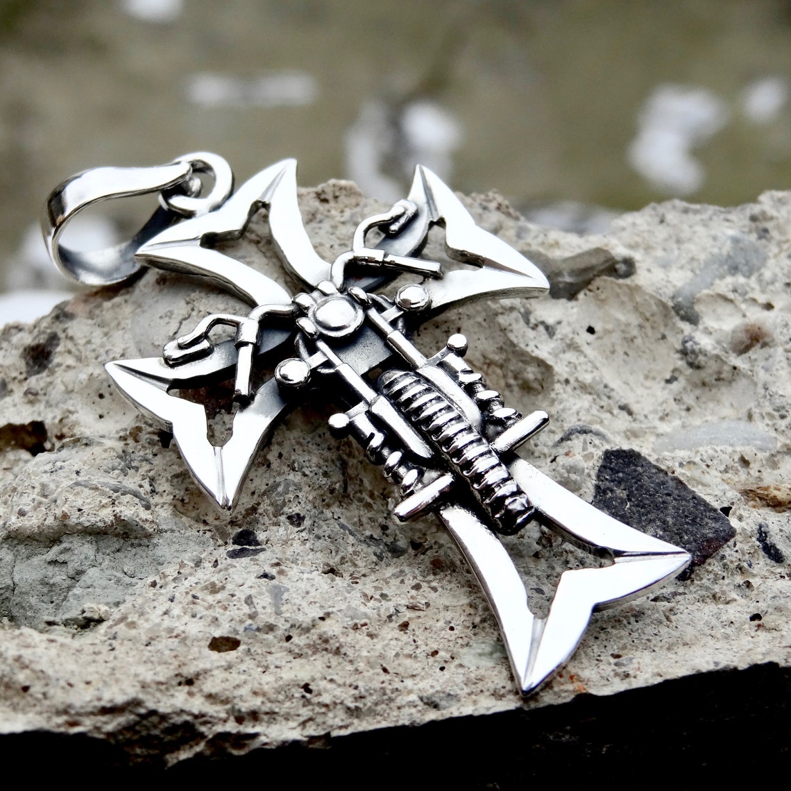 Solid Sterling Silver 925 Biker Cross Pendant Necklace - Etsy