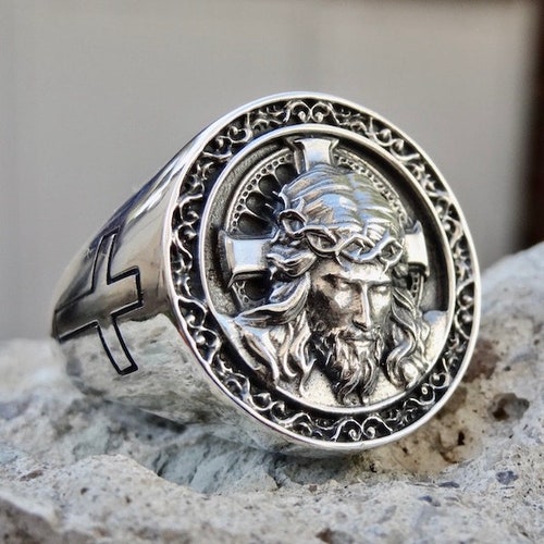 Jesus Christ Ring Sterling Silver .925 Cross God Head | Etsy