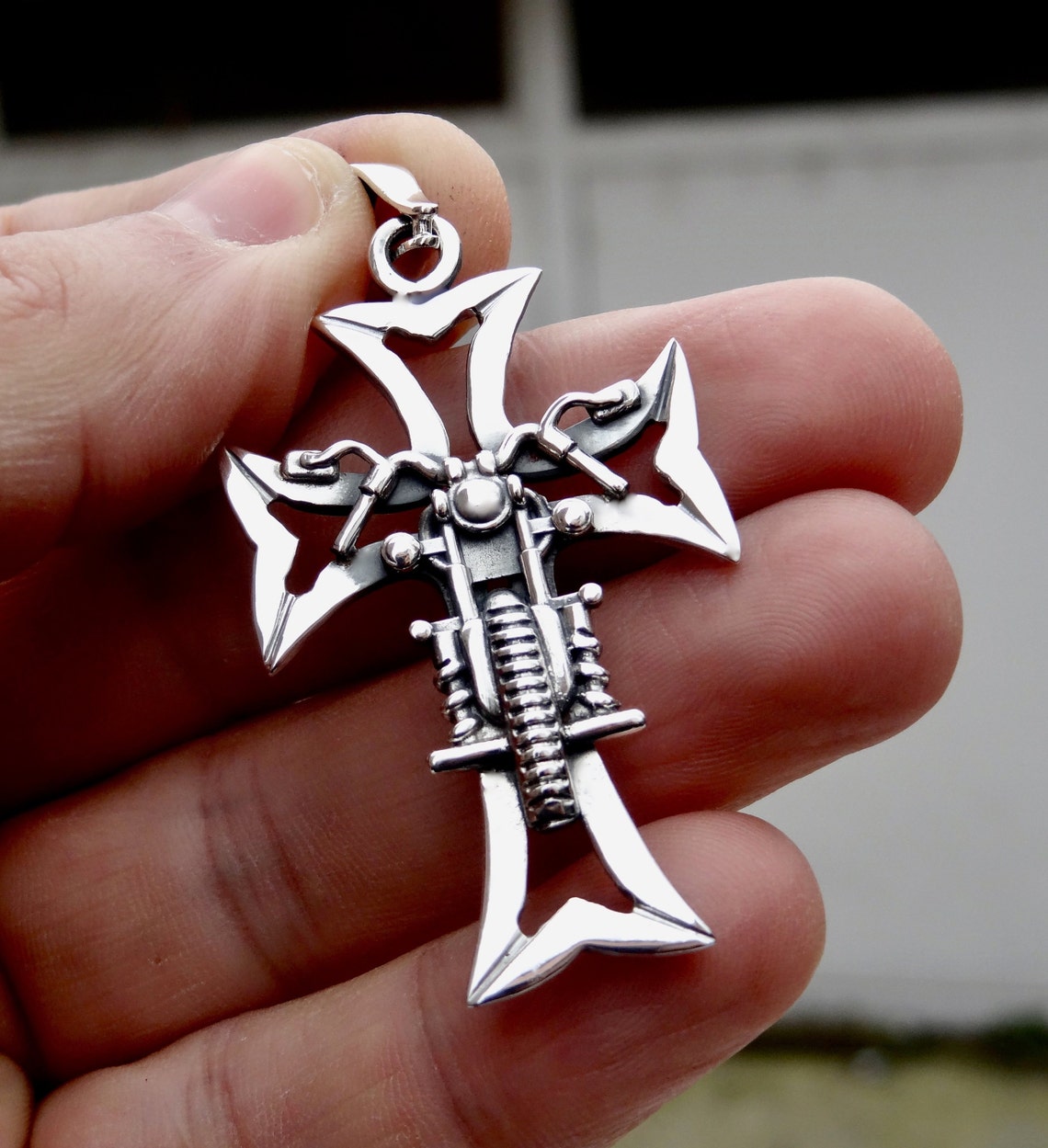 Solid Sterling Silver 925 Biker Cross Pendant Necklace - Etsy