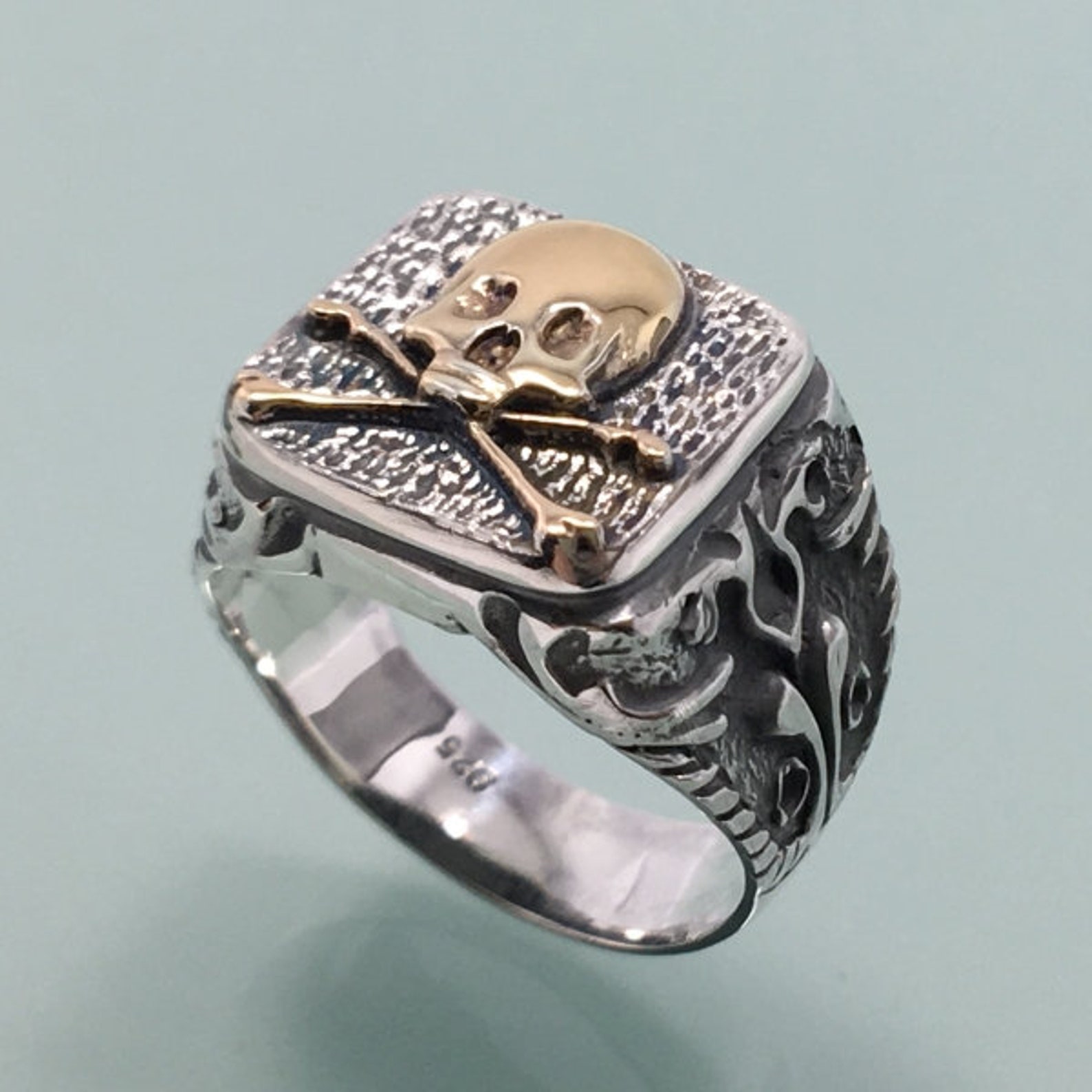 Mens Silver 925 Skull Ring 24K Gold Plated / Masonic / Biker / Harley ...