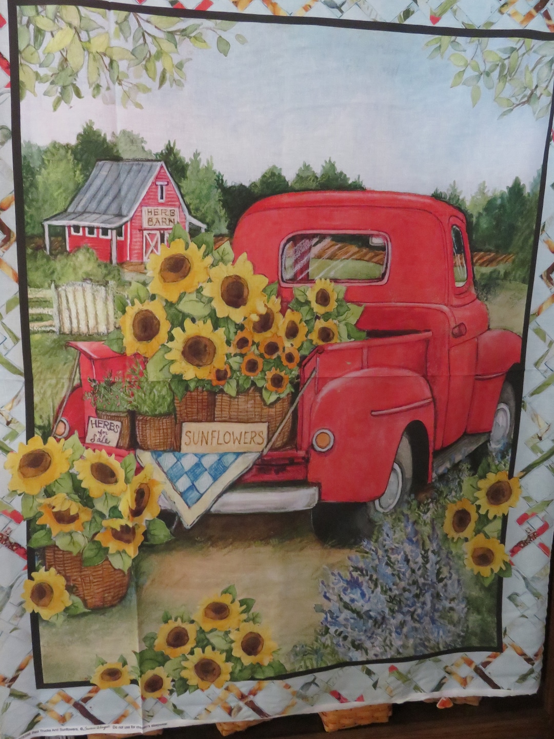 Susan Winget Red Trucks and Sunflowers Panel - 36" Panel - Cotton Fabric - Springs Creative - Etsy