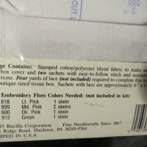 Bucilla Stamped Items to Embroider Tissue Box Cover & 2 Sachets Row of ...