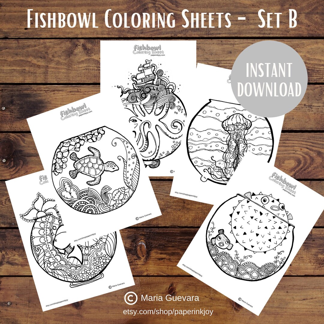Fishbowl Coloring Sheets Set B Instant Download - Etsy