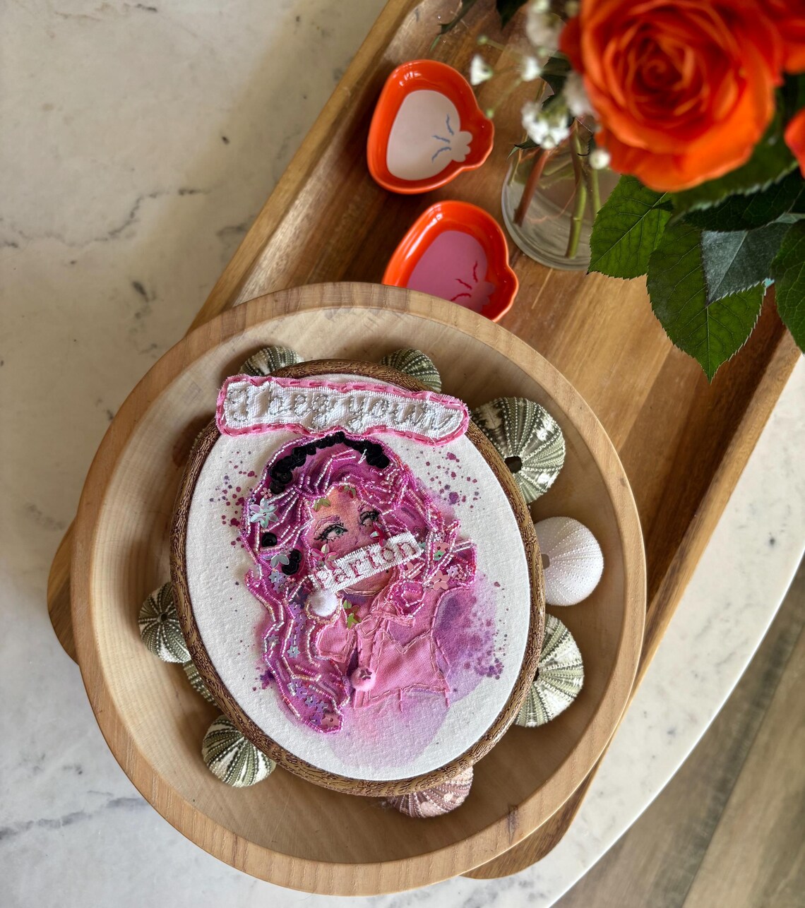 Dolly Parton Mixed Media Embroidery and Watercolor Hoop. Beads, Pom ...