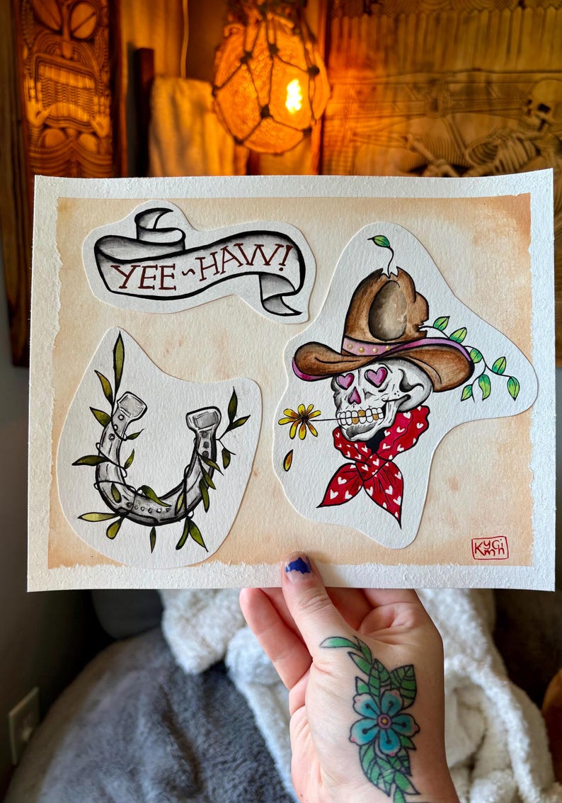 Yeehaw Tattoo Flash Sheet Print - 8.5x11 Watercolor Painting- Western ...