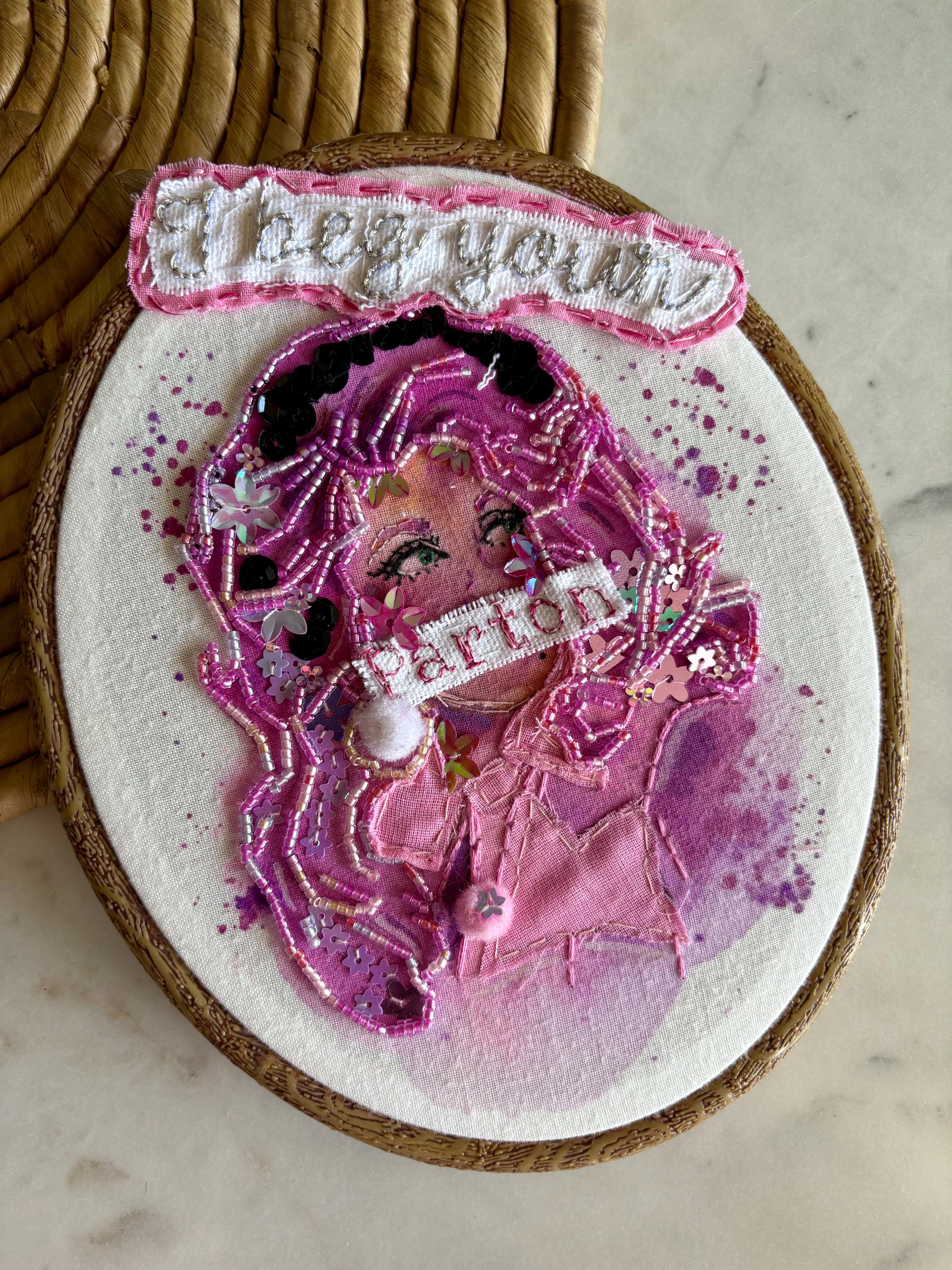 Dolly Parton Mixed Media Embroidery and Watercolor Hoop. Beads, Pom ...