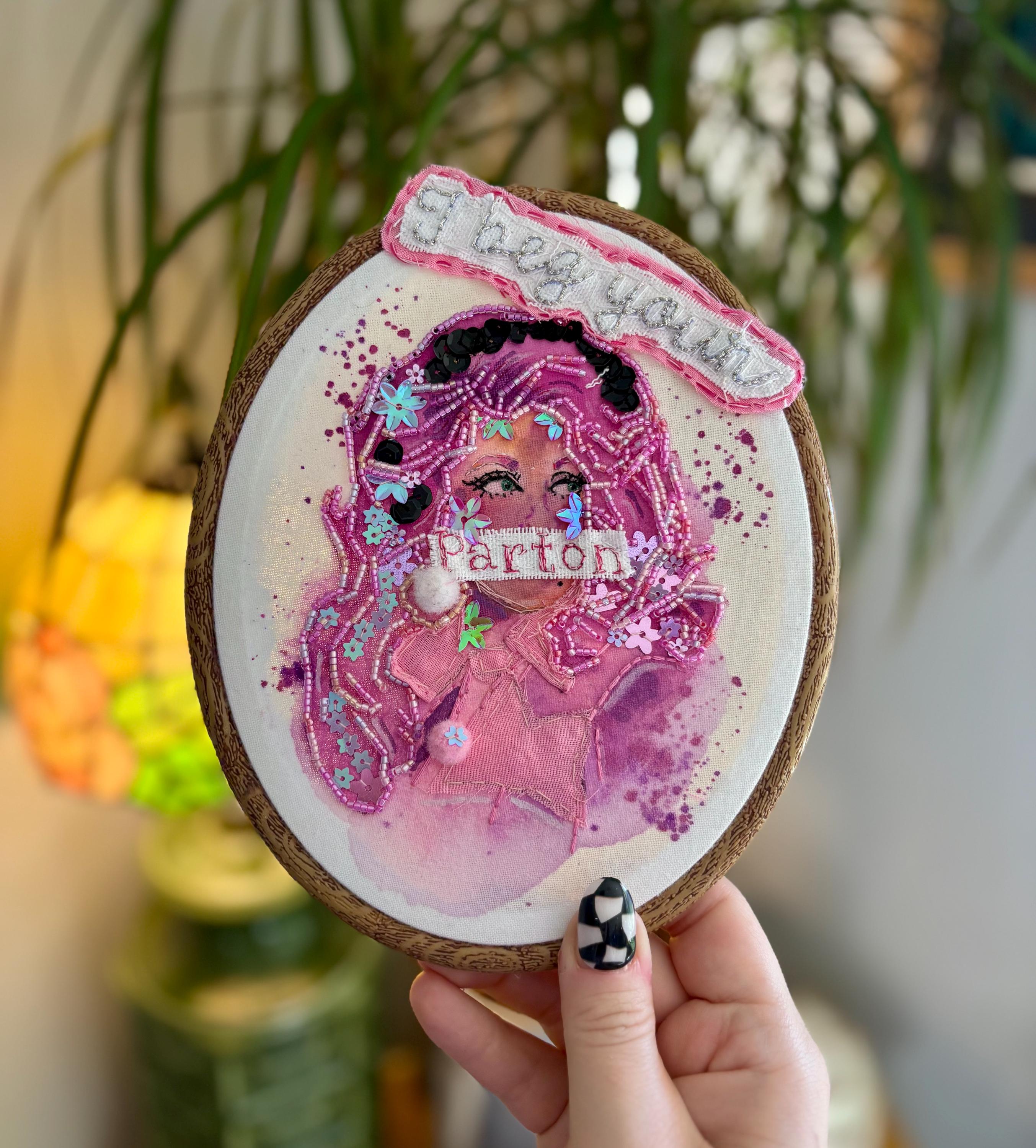 Dolly Parton Mixed Media Embroidery and Watercolor Hoop. Beads, Pom ...