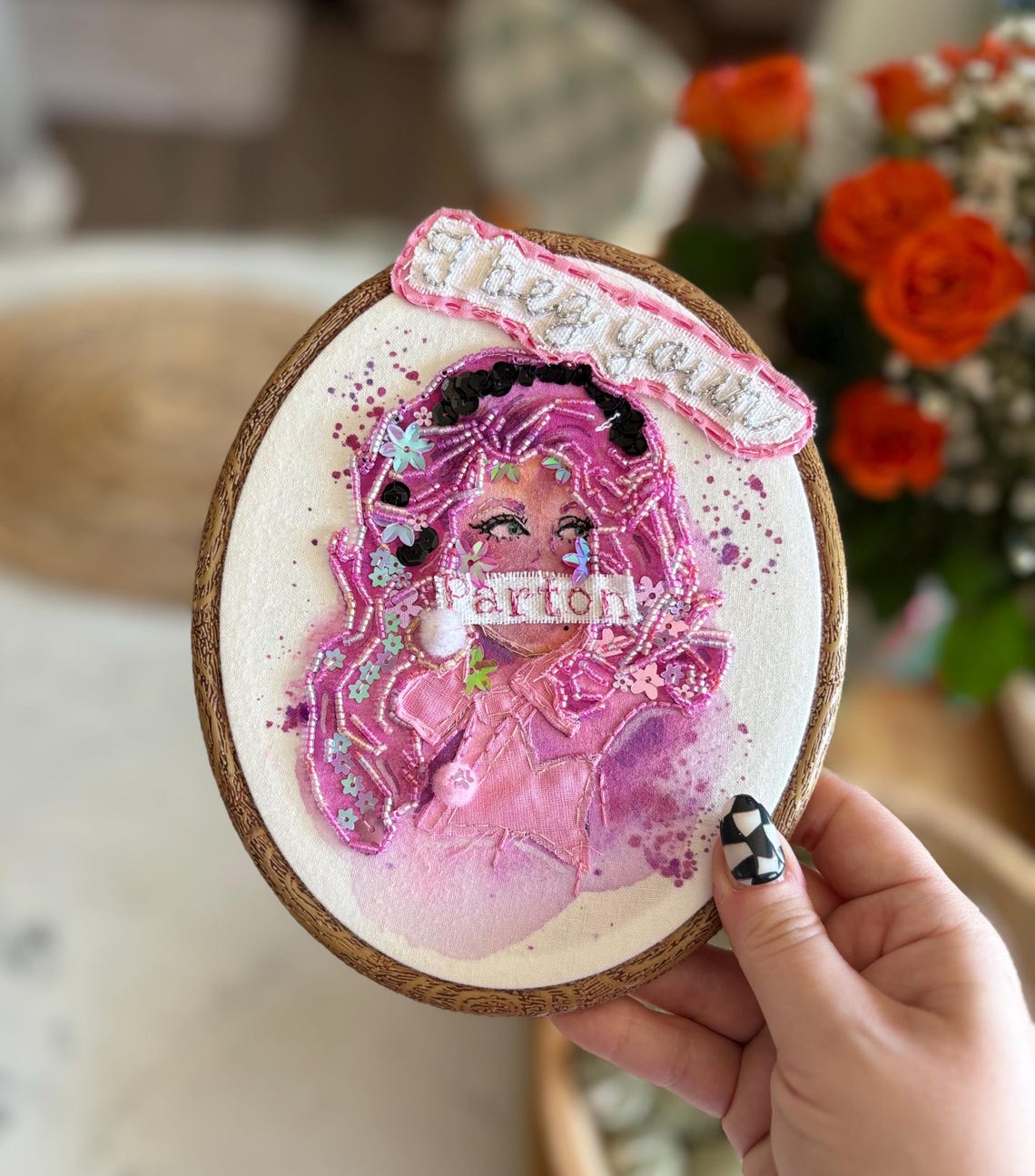 Dolly Parton Mixed Media Embroidery and Watercolor Hoop. Beads, Pom ...