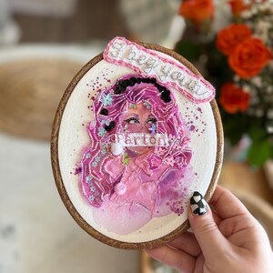 Dolly Parton Mixed Media Embroidery and Watercolor Hoop. Beads, Pom ...