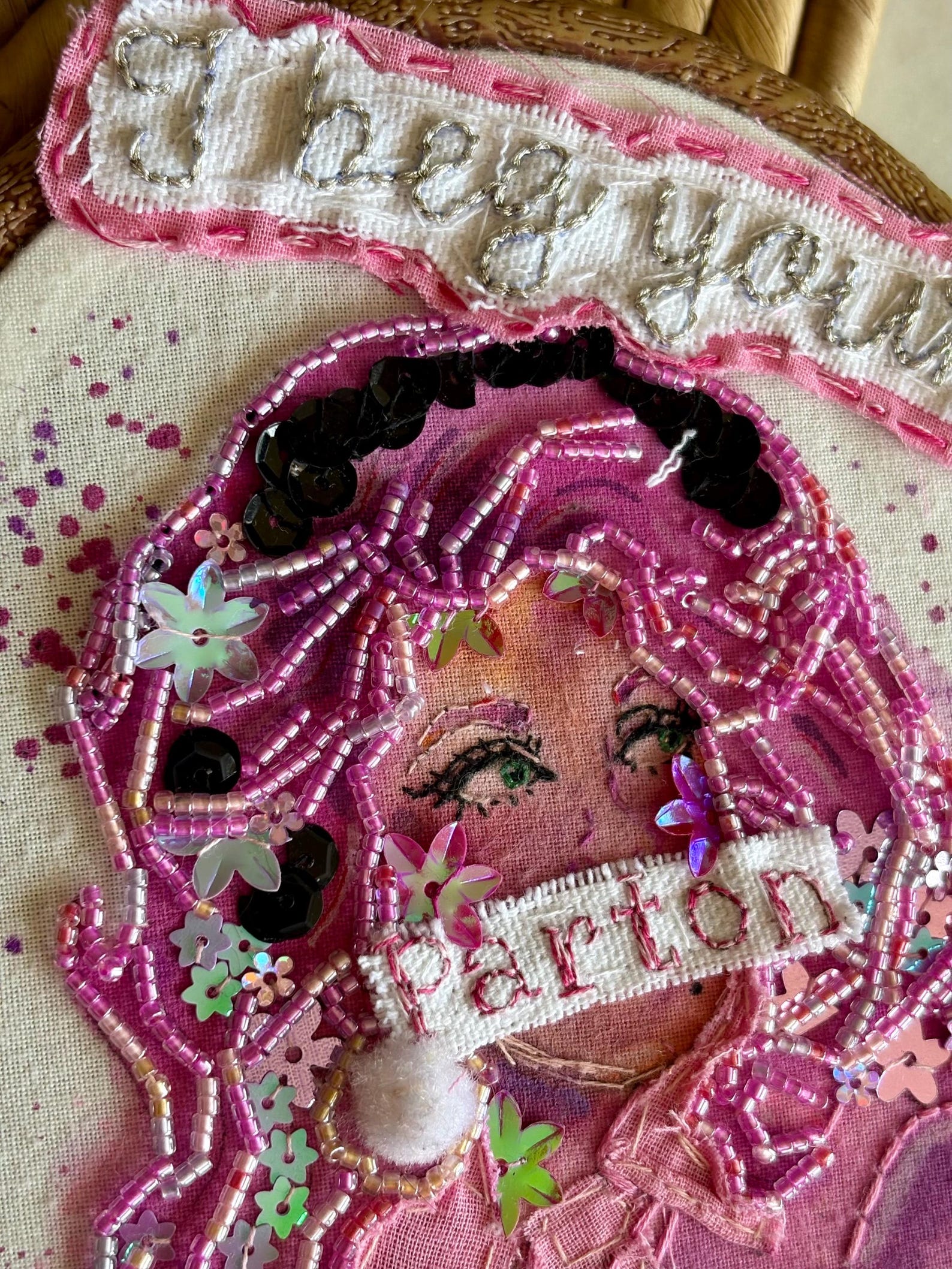 Dolly Parton Mixed Media Embroidery and Watercolor Hoop. Beads, Pom ...