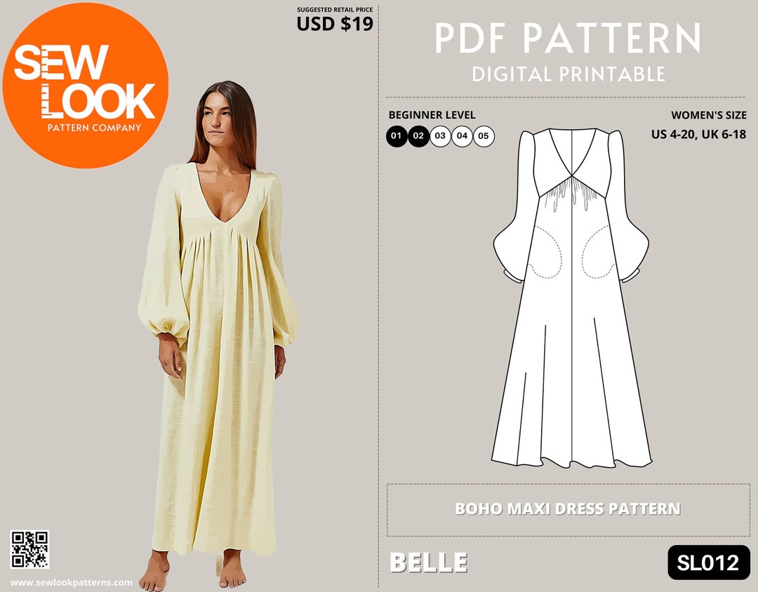 SEW LOOK Belle Boho Long Maxi Dress Pattern PDF Easy - Etsy