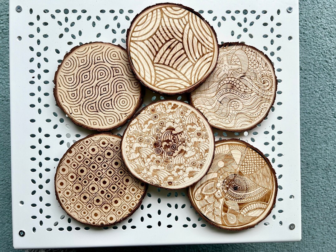 DIY Doodle Wooden Coasters Set of 6 – Color Your Own Coasters, 5th Anniversary Gift, Handmade ...