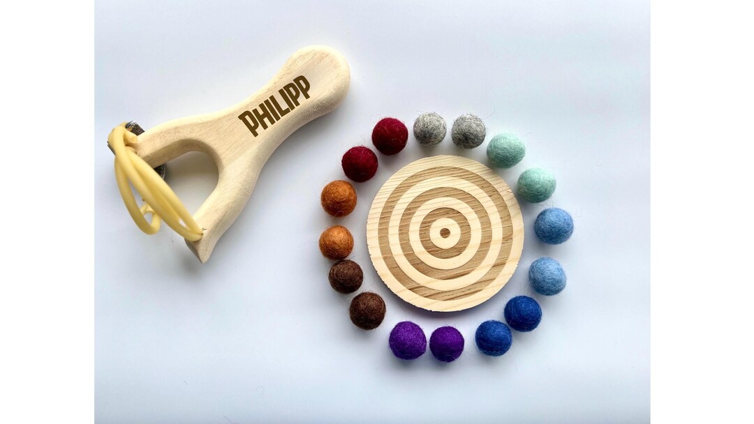 Engraved Wooden Slingshot Set: Felt Balls & Target, Personalized Toy ...