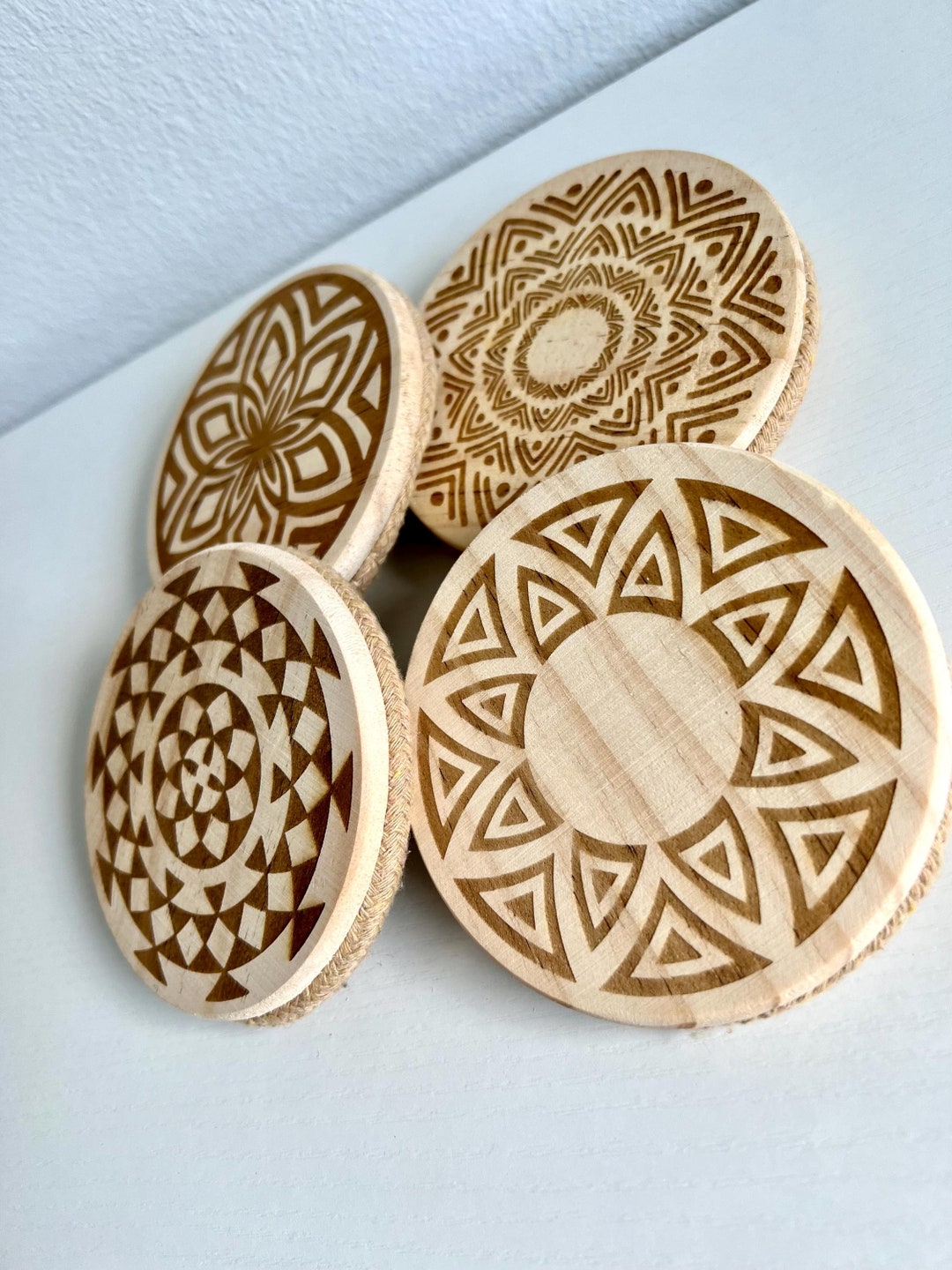 Tribal Pattern Wooden Cotton Rope Coasters, Set of 4 Pcs, Beige Neutral ...