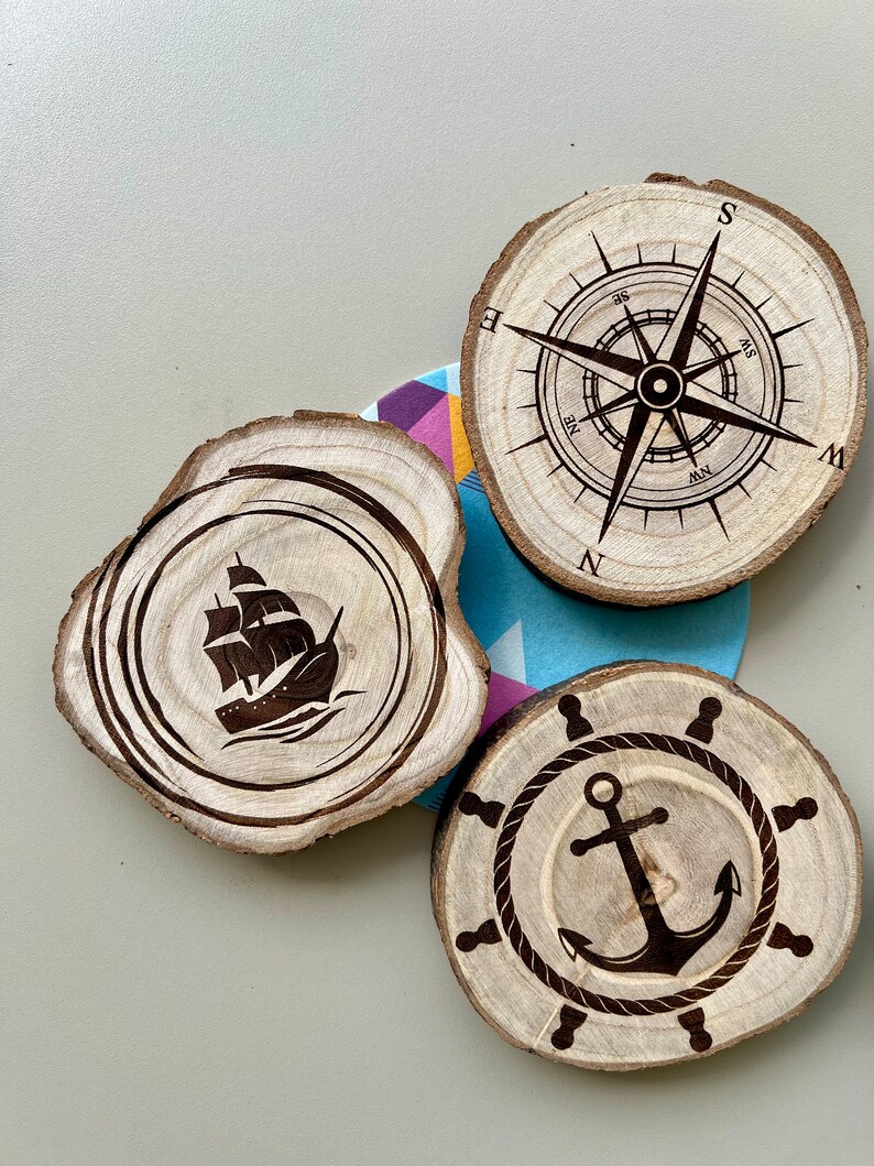 Nautical Wooden Coasters: Sea Shell, Compass, Wheel - Set of 6 - Etsy