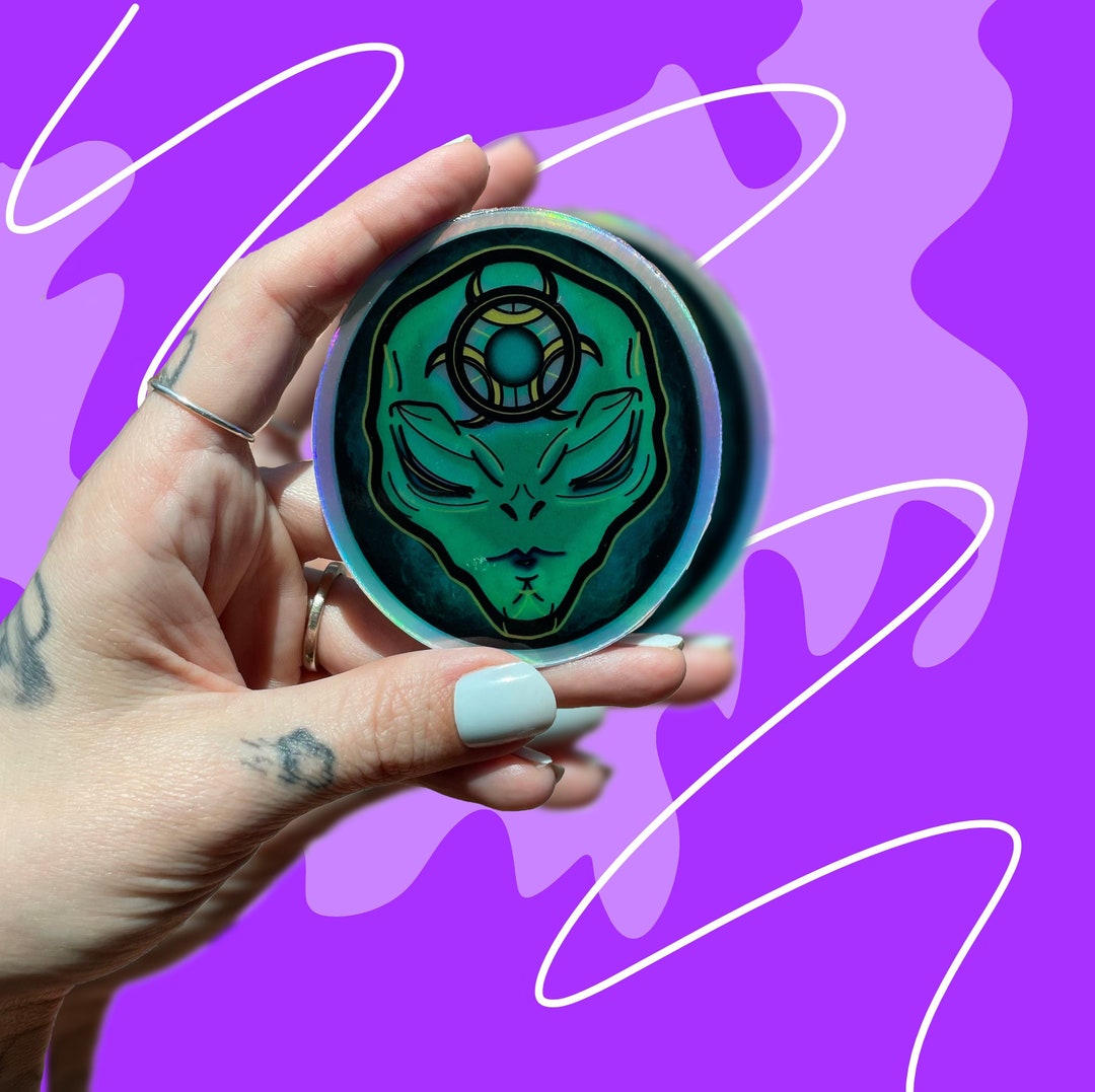 Alien Head Sticker | Trippy Holographic Extraterrestrial Sticker ...