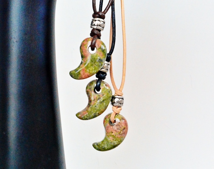 Magatama Necklace, Japanese Talisman, Unakite Necklace, Small Magatama ...